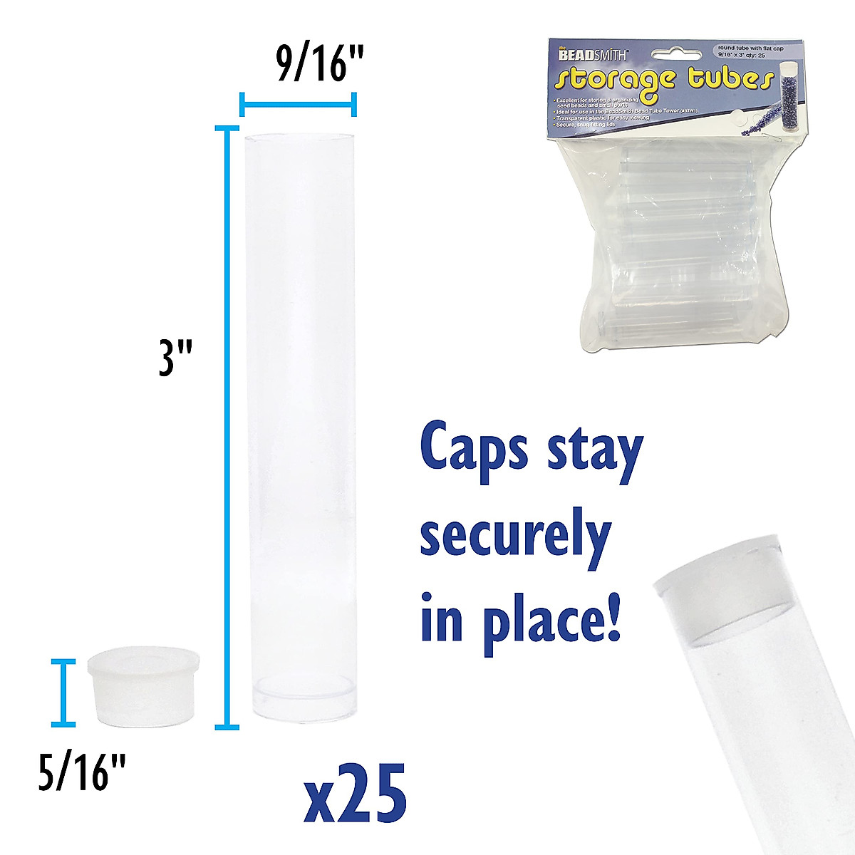 The Beadsmith Clear Plastic Tubes - 3-Inch-Long Round Tubes, 9/16 Inches in Diameter - Flat Caps - Use for Beads, Bath Salts, Wedding & Party Favors, Home or Office Storage - Bag of 25