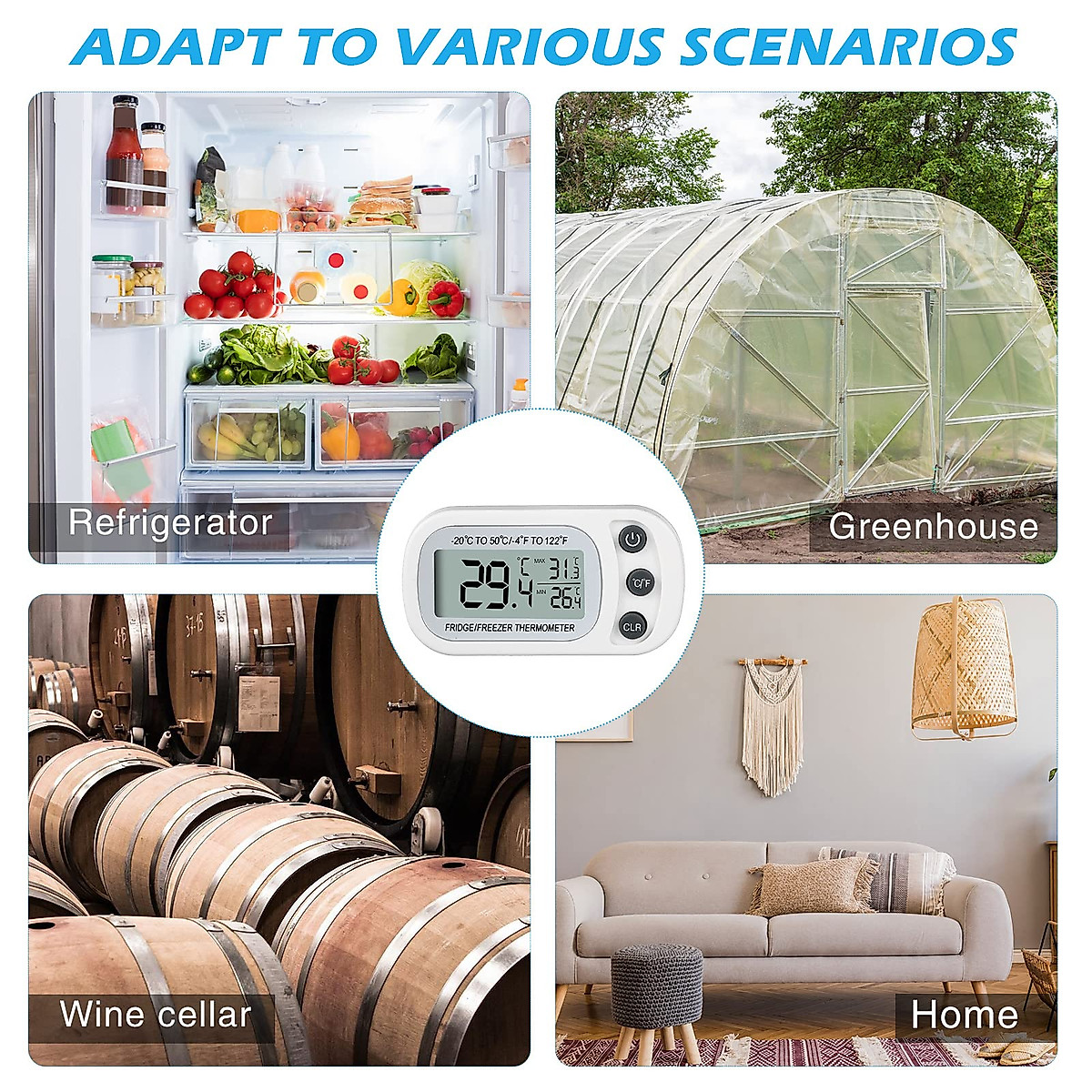 6 Pieces Refrigerator Thermometer Digital Freezer Room Thermometer Waterproof Fridge Thermometer Freezer Monitor with Magnetic Back, Max/Min Record Function with Large LCD Display, White, Black