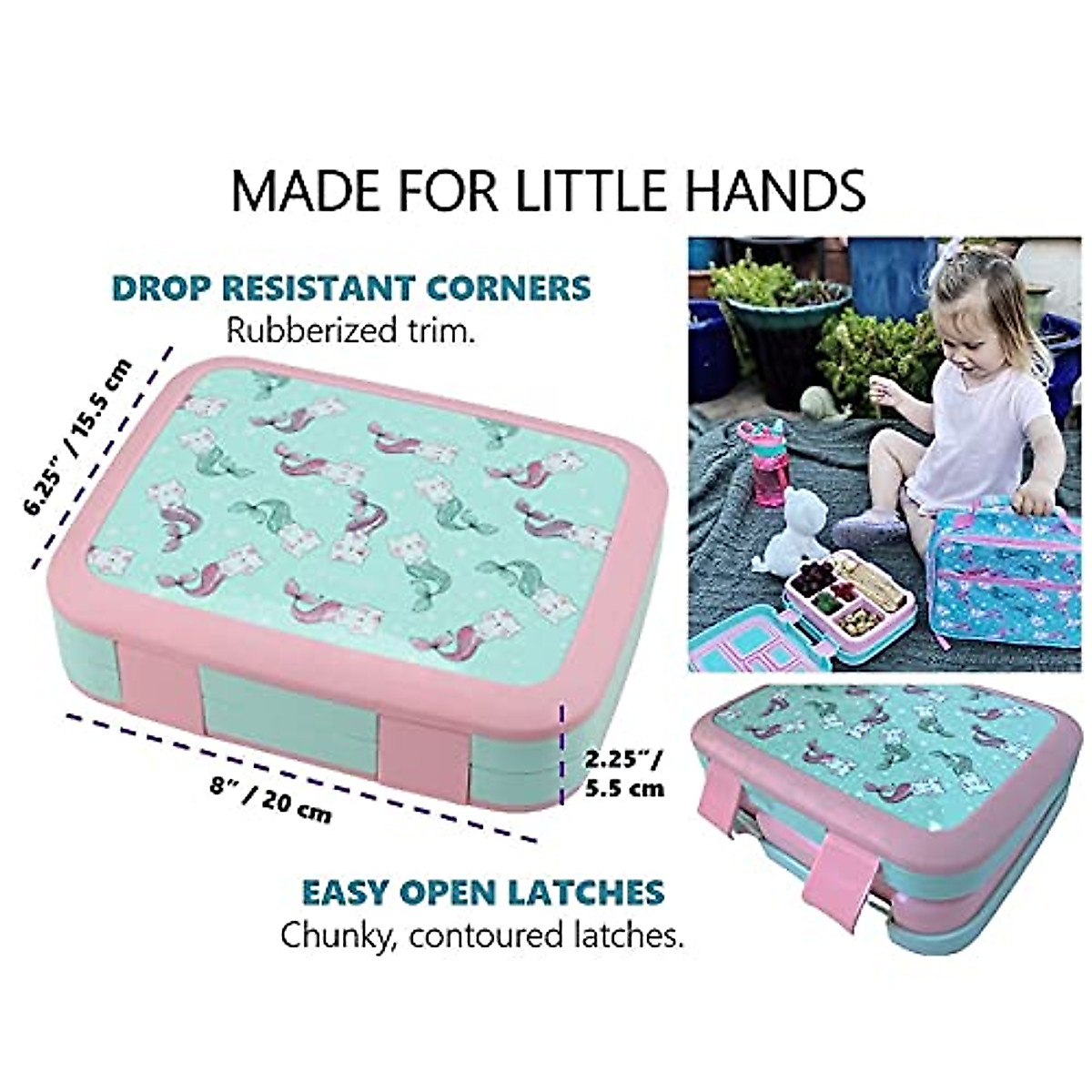 kinsho Bento Lunch Box and Matching Lunch Bag with Ice Pack Set for Girls, Toddlers (Pink Aqua Mermaid Cats)