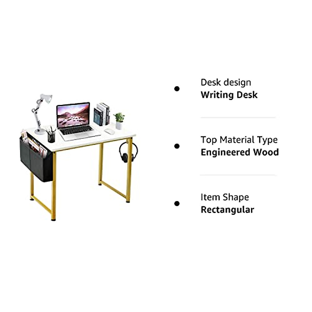 Lufeiya Small Computer Desk White Writing Table for Home Office Small Spaces 31 Inch Modern Student Study Laptop PC Desks with Gold Legs Storage Bag Headphone Hook,White Gold