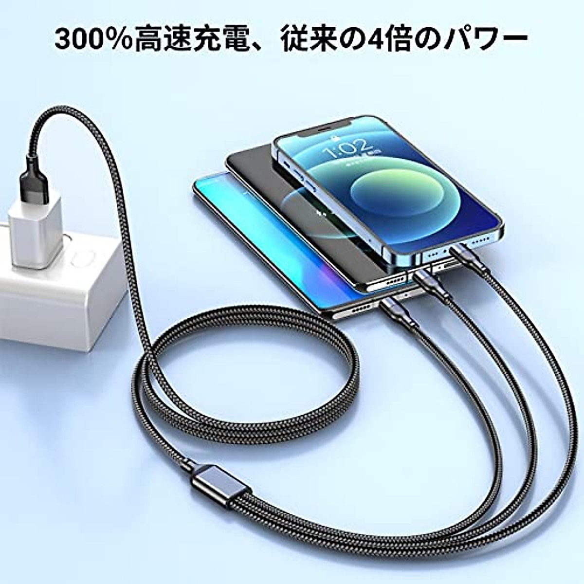 HOAIYO Multiple Charger Cable Nylon Braided 3 in 1 USB Charge Cord with Lighting Phone/Type C/Micro USB Connector for iOS Phone/Andriod Smartphones