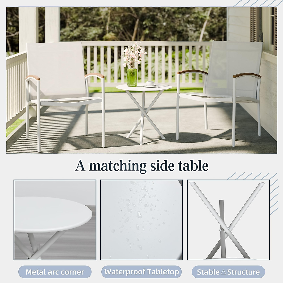 SUNLEI 3-Piece Patio Bistro Sets, Outdoor Black Chairs & Patio Furniture Conversation Set-Two Chairs with Coffee Table (Non-Rocking Chairs/White)