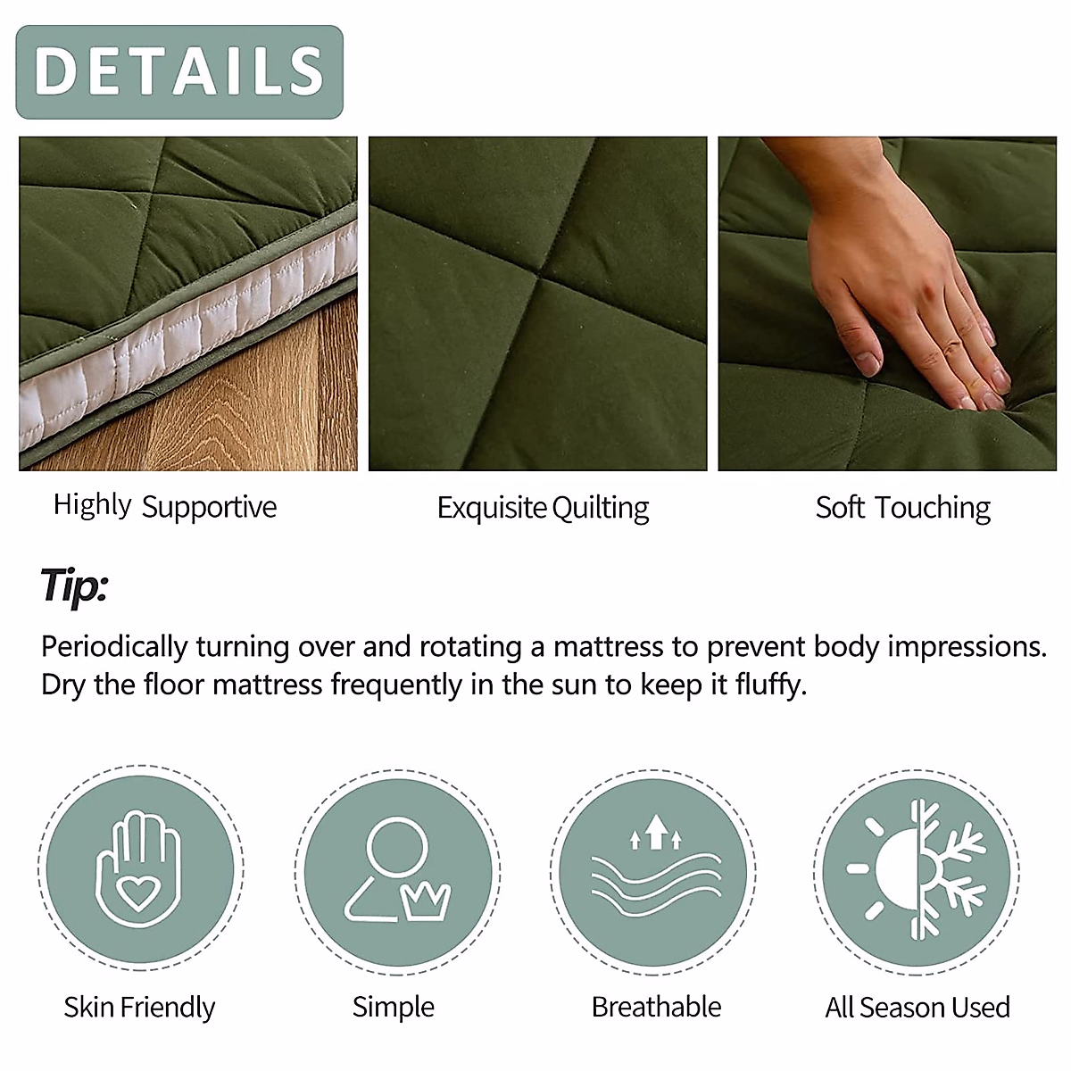 MAXYOYO Japanese Floor Futon Mattress Full Size, Floor Couch for Adults Roll Up Folding Floor Bed Portable Mattress Foam Mattress Queen, Diamond Patterned Japanese Futon Bed, Green
