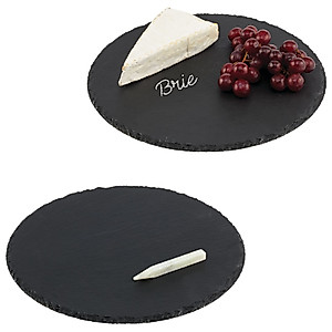 mDesign Slate Stone Round Gourmet Chalkboard Serving Platter, Cheese Board, Charcuterie Tray with Natural Edge and Chalk Pencil for Cheese, Meats, Appetizers, Dried Fruits, and Food - 2 Pack - Black