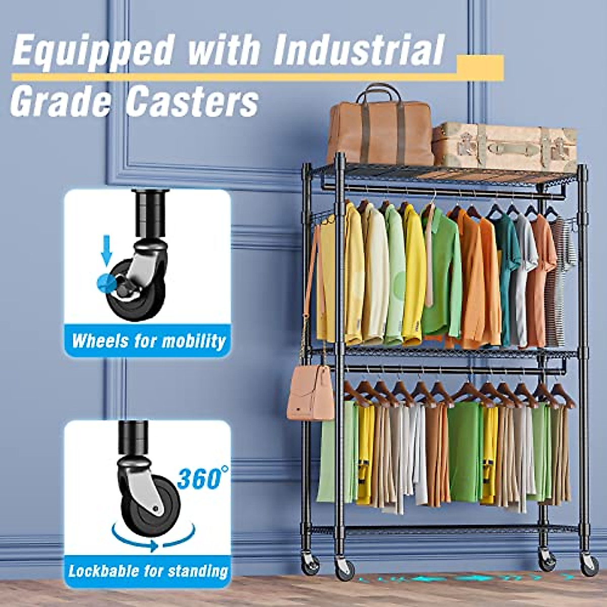 Homdox Double Rod Closet 3 Shelves Wire Shelving Clothing Rolling Rack Heavy Duty Garment Rack with Wheels and Side Hooks, 2-Pack