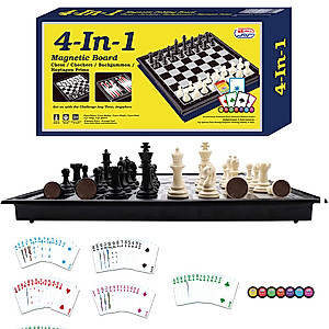 4-in-1 Chess, Checkers, Backgammon Set with Bonus Strategy Card Game - Magnetic Board with Felt Pieces and Folding Case (14.2 Inches)