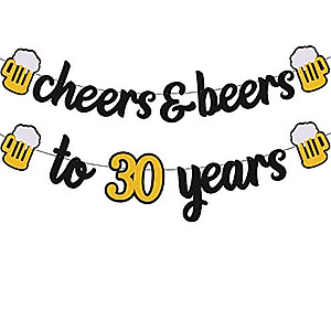 Cheers 30 Years Banner 30th Birthday Decorations for Men Women Him Her 30s Happy Birthday Theme Wedding Anniversary Party Supplies Black Sparkle Decorations Pre-strung