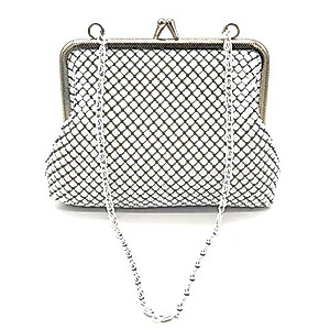 X-Small Women clutch metal mesh purse Hand carry chain for Cocktail Party Prom Wedding Banquet (White)