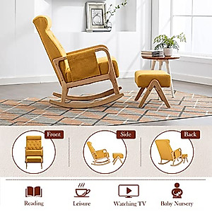 Comfy Rocking Chair with Ottoman, Upholstered Glider Rocker for Baby Nursery, Mid Century Modern Accent Armchair with Side Pocket for Living Room and Bedroom, Yellow Linen