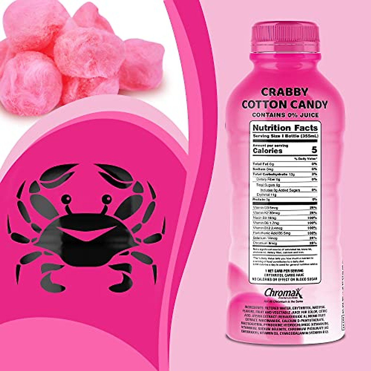 Vitamals Vitamin Enhanced Flavored Water. Crabby Cotton Candy. Sugar Free, Low Calorie & No Artificial Flavors. 12 fl oz (Pack of 6)