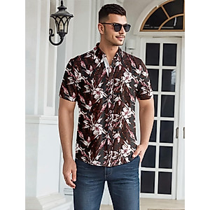 ETHANOL Men Classic Slim Fit Woven Short Sleeve Wrinkle Resistant Print Shirt MSTL46568-2444BRG Dark RED XL