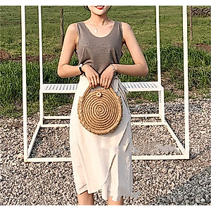 Women Round Straw Beach Bag Handwoven Summer Rattan Bag Cross Body Bag Shoulder Bag Khaki