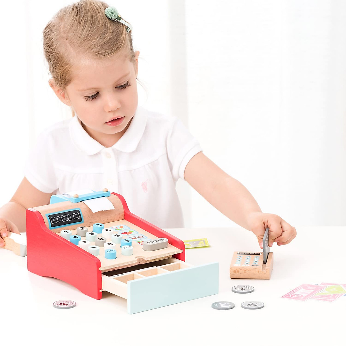 New Classic Toys Wooden Cash Register Pretend Play Toy for Kids Cooking Simulation Educational Toys and Color Perception Toy for Preschool Age Toddlers Boys Girls
