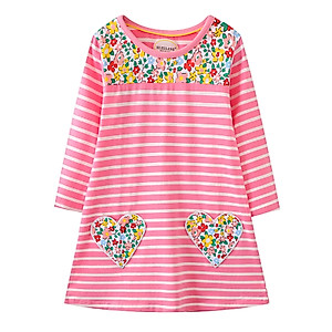 HILEELANG Little Girls Cotton Long Sleeve Casual Pink Stripe Cartoon Appliques Striped Jersey Dresses 5T