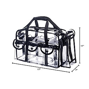 Wide Open Large Professional Clear PVC Travel Makeup Artist Set Bag Cosmetic Nails Beauty Bag Transparent Vinyl Tool Organizer Work Bag Beach Bag Diaper Bag with 6 External Pockets & Strap (Black)