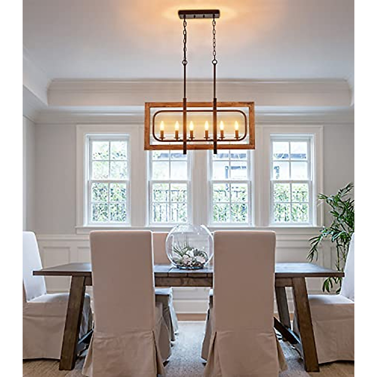 DEYNITE Farmhouse Wood Chandelier for Kitchen Island 6-Light Dining Room Pendant Light Fixtures in Rust & Brown Finish