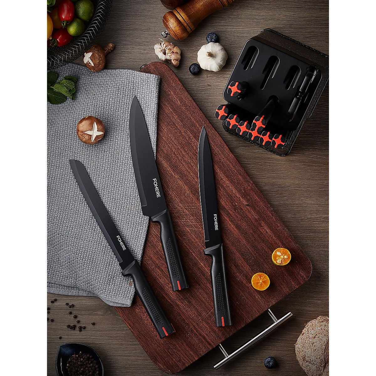 FOHERE Knife Set with Block 13 Pieces Stainless Steel Knife Sets for Kitchen with Built-in Sharpener Sharp Kitchen Knife Block Set with Granite Pattern, Anti-slip Handle Rust Resistant, Black