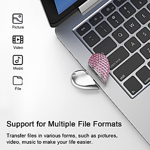 RAOYI 64GB Heart Shape USB 2.0 Flash Drive Crystal Memory Stick Thumb Drive Pen Drive Jump Drive Jewelry Pendant Necklace with Key Chain-Pink