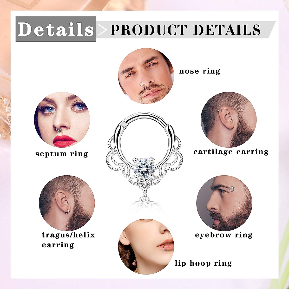 LOYALLOOK 8PCS 16G Septum Clicker Ring Stainless Steel CZ Opal Cartilage Helix Tragus Hoop Daith Earrings Nose Hinged Segment Ring Piercing Jewelry 10MM