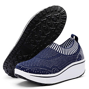 DADAWEN Women's Slip On Breathable Walking Shoes Comfort Fitness Wedge Platform Sneakers Navy US Size 7.5