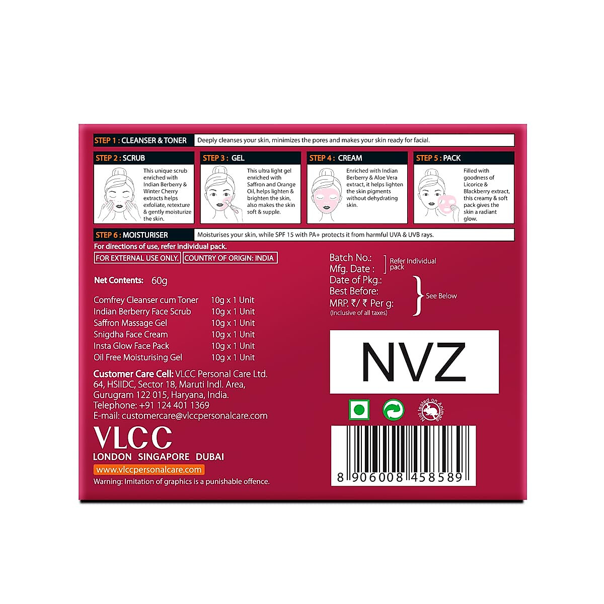 VLCC Party Glow Facial Kit - Single Use | Salon Like Facial at Home in Just 6-Steps | Includes Cleanser, Scrub, Cream, Face Pack & Moisturizing Gels | 2.12 Oz/60g