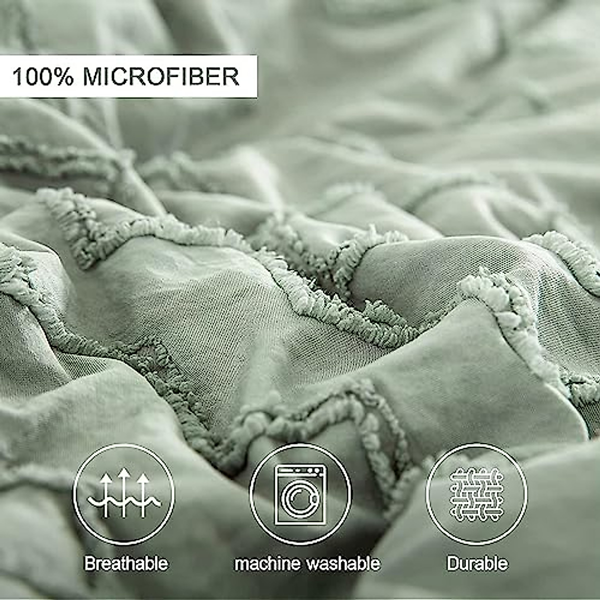 Green Tufted Comforter Set Cal King Size (102×96 inches), Boho Shabby Chic Comforter Geometry Embroidery Bedding Set 3 Pieces (1 Comforter + 2 Pillowcases), Soft Microfiber Comforter for All Seasons