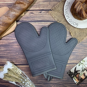 Yutat Silicone Oven Mitts, Oven Gloves with Non-Slip Silicone, 600 Degree Heat Resistant, Soft Cotton Lining, Waterproof and BAP-Free, Oven Mitts for Cooking and Baking - 1 Pair 12 Inch Charcoal Grey