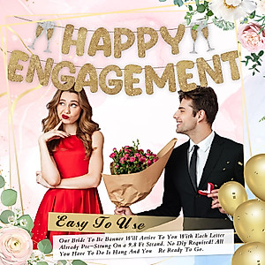 Breling Pre Strung Happy Engagement Banner Glitter Happy Engagement Party Decorations Engaged Banner Engagement Decorations Signs Party Decor Wedding Engagement Banners(Champagne Gold)