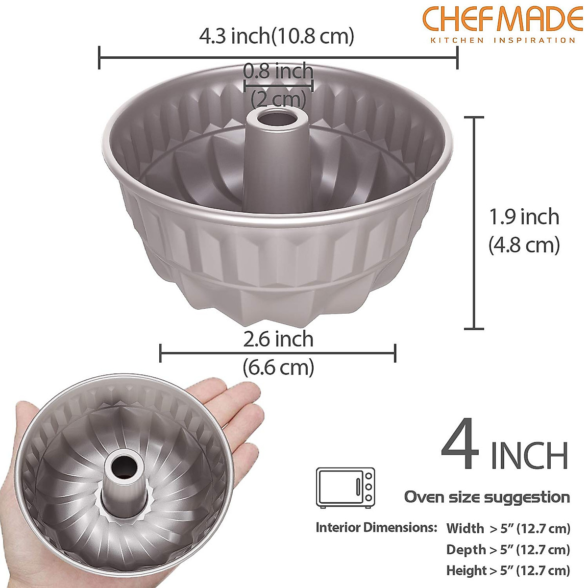 CHEFMADE 4PCS Mini Fluted Cake Pan, 4-Inch Non-Stick Tube Pans Kugelhopf Mold Cake Pan for Oven Baking (Champagne Gold)