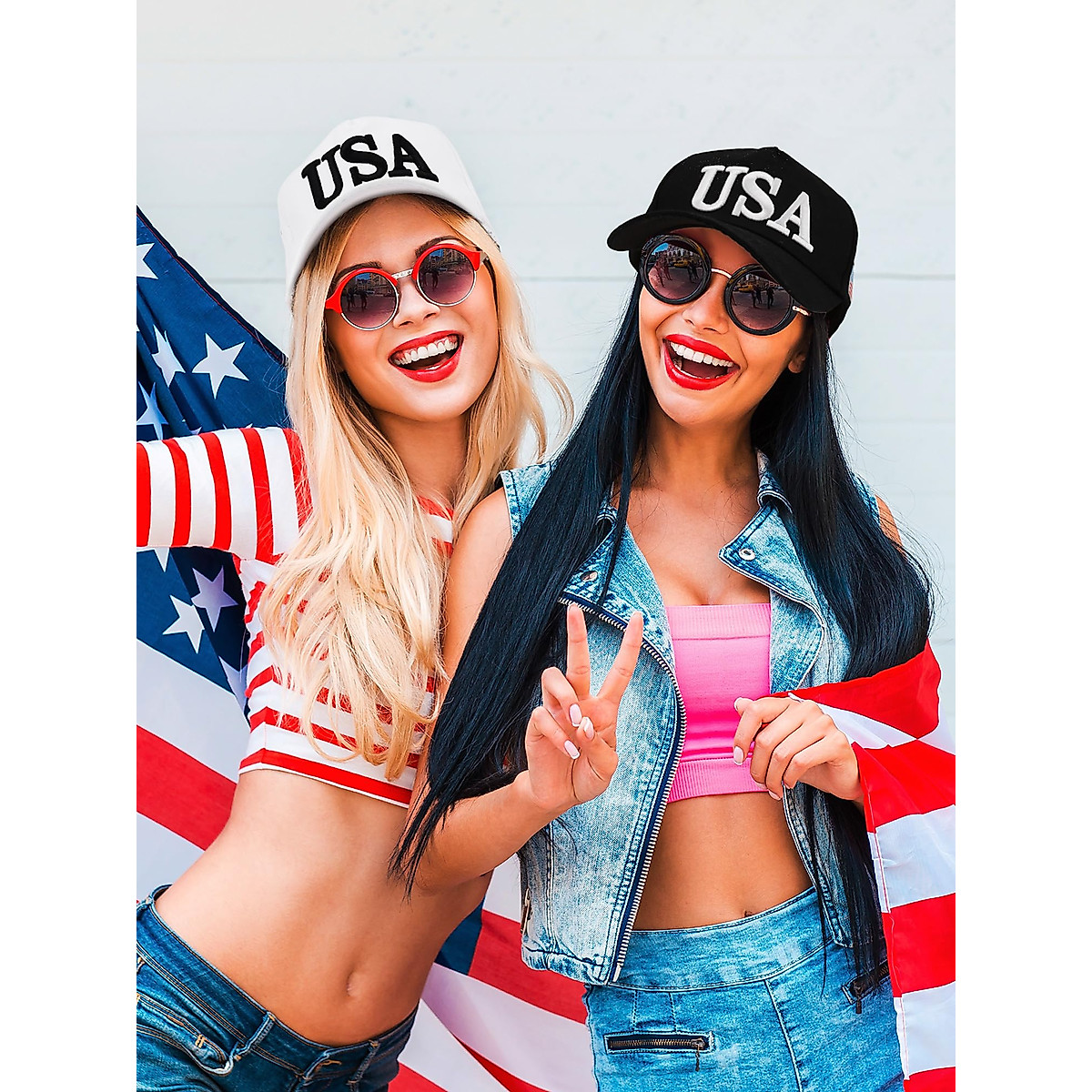 ROLVNHTV 4 Pieces USA Hats for Men American Flag Cap Adjustable Embroidered Patriotic Black Baseball Hat Trucker Hat for Men Women