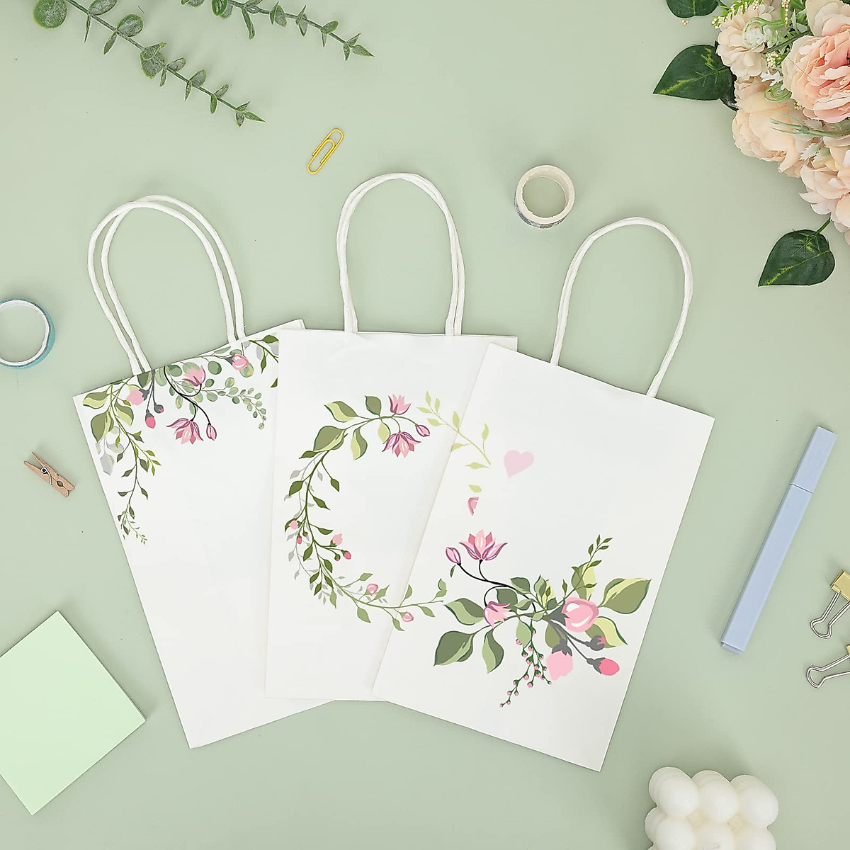 Moretoes 25pcs White Gift Bags 5.25x3.2x8 Inches Small Kraft Paper Bags with Handles Bulk, Retail Bags for Small Business, Shopping Bags, Birthday Wedding Party Favor Bags, Merchandise Bags