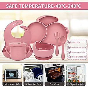 Puxdiauk Silicone Baby Feeding Set, 6 Pcs Baby Led Weaning Supplies with Rabbit Suction Plates, Toddler Bowls Forks and Spoons Bib Cup, Sturdy and NO-BPA for Kid, Dark Pink