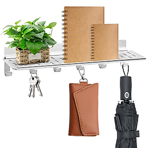 Wall Hooks with Shelf, Small Rustic Wood Key Rack with 6 Hooks, Metal Coat Rack with Shelf Wall-Mounted, Entryway Hanging Shelf, Organizer for Living Room Bedroom Bathroom Office Home Decor(Silvery)