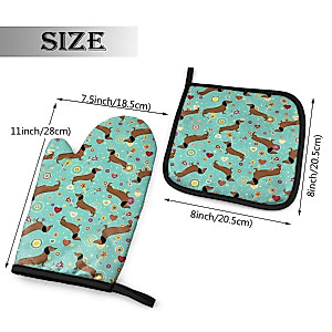Oven Mitt and Pot Holders, 2 Piece Set, Dachshunds On Turquoise Floral Background Cotton Lining Waterproof BBQ Gloves