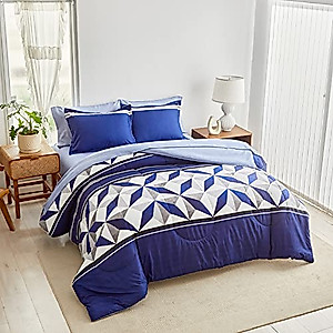 UOZZI BEDDING Stripes Bed in a Bag Queen Size 7 Pieces Navy White Comforter Sheet Set with Diamond All Season Bed Comforter Set (1 Comforter 2 Pillow Shams 1 Flat Sheet 1 Fitted Sheet 2 Pillowcases)