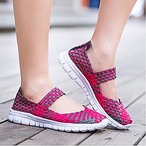 Women Elastic Woven Walking Shoes Flats Sandals,Comfy Casual Non Slip Lightweight Breathable Mary Jane Sneakers Nurse Shoes (10,Red,10)