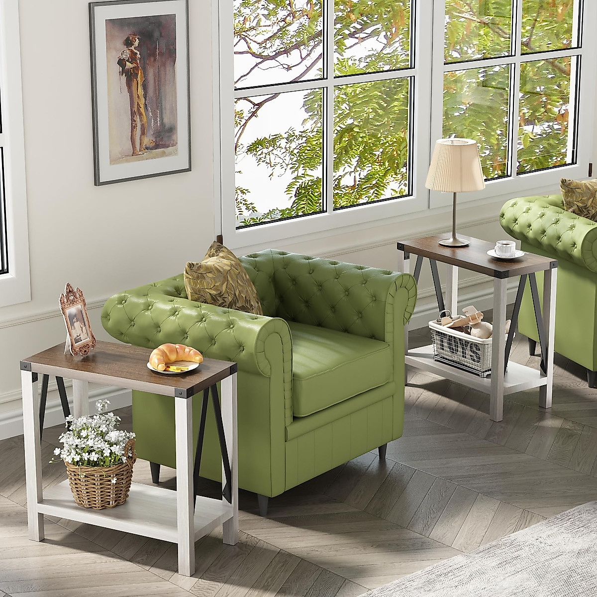 ChooChoo Farmhouse End Table Set of 2, Narrow Side End Table with Storage Shelf, Rustic A-Design Nightstand Sofa Table for Living Room, Bedroom(White&Brown)