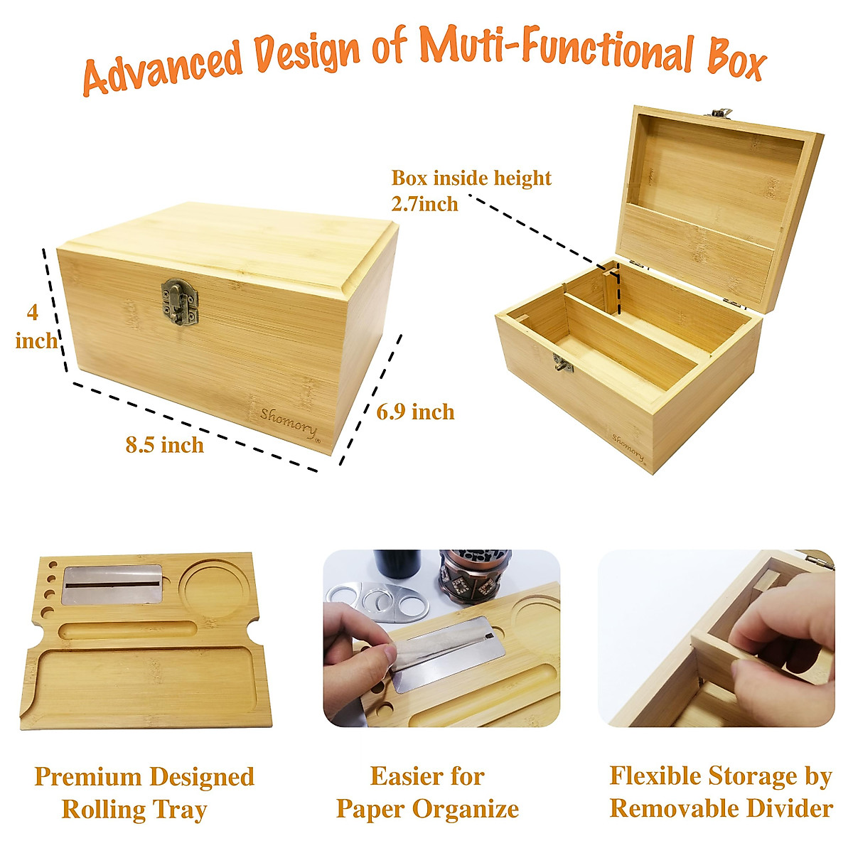 Shomory Wooden Smell Proof Stash Box with Rolling Tray Combo, Bamboo Large Locking Kit Glass Jar Paper, Secret Storage Herb Accessories