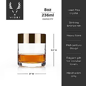 Viski Irving Bronze Rim Crystal Lowball Tumblers Set of 2 - Premium Crystal Clear Cocktail Glass Bronze Rimmed Glassware, Stylish Lowball Whiskey Glass Gift Set, 8 oz
