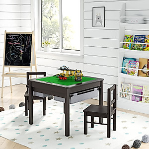 UTEX Wooden 2 in 1 Kids Construction Play Table and 2 Chairs Set with Storage Drawers, and Built in Plate Compatible with Lego and Duplo Bricks (Espresso with Grey Drawer)