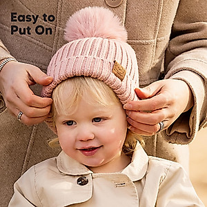 2-Pack Baby Hats for Girls, Boys - Stretchy Baby Beanies, Cute Newborn & Toddler Winter Hat, Soft & Warm Pom Pom Beanie for Infant, Toddler, Boys, Girls 6-36 Months (Fawn, M)