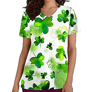 Womens Nursing Shirts Working Tees St Patricks Day Shirts Blouse Short Sleeve Tshirts Shamrock Tunic Tee Top with Pockets