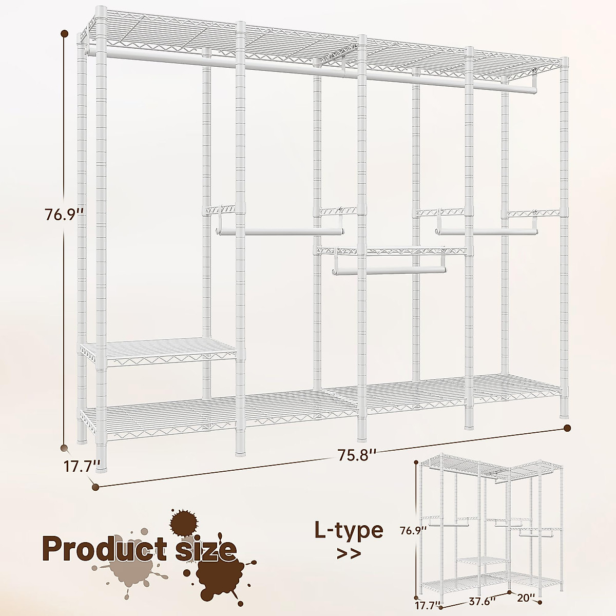Raybee 76.9" H Clothes Rack Heavy Duty Loads 1100 LBS Metal Clothing Racks for Hanging Clothes Adjustable Wadorbe Closet White,75.8" W*17.7" D*76.9" H