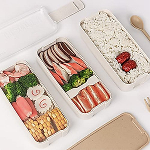 MOAMUN 2PCS Stackable Bento Box, 3-In-1 Bento Lunch Box with Spoon and Fork, Japanese Lunch Box with 2PCS Mini Condiment Squeeze Bottles, Meal Prep Containers for Kids and Adults (Green+Beige)