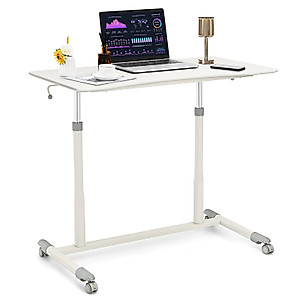 COSTWAY Mobile Height Adjustable Standing Desk, Compact Pneumatic Sit to Stand Computer Desk w/Lockable Casters, Ergonomic Rolling Laptop Table w/Steel Frame for Home Office (White)