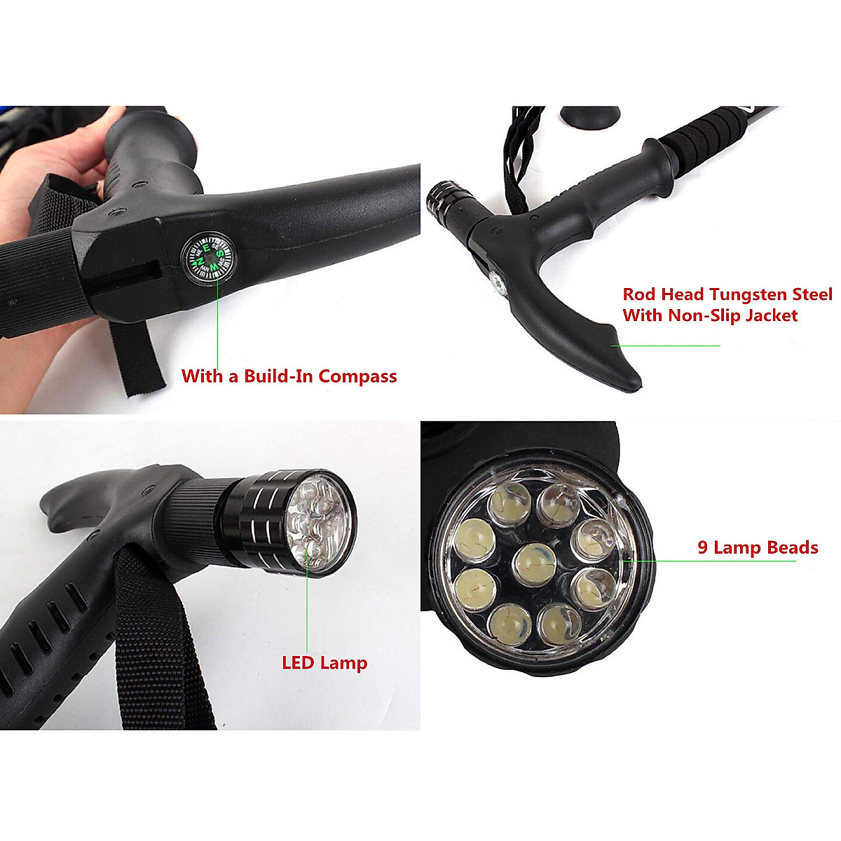 capus Aluminum Trekking Poles T-Handle Anti-Shock Telescopic Walking Cane Hiking Sticks with LED Light (Black)