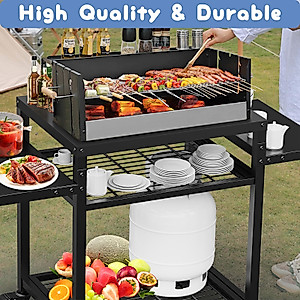 RAXSINYER 42"x 20" Three-Shelf Grill Table Grill Cart Outdoor BBQ and Work Cart Table Movable Pizza Oven Table Commercial Multifunctional Kitchen Food Prep Worktable