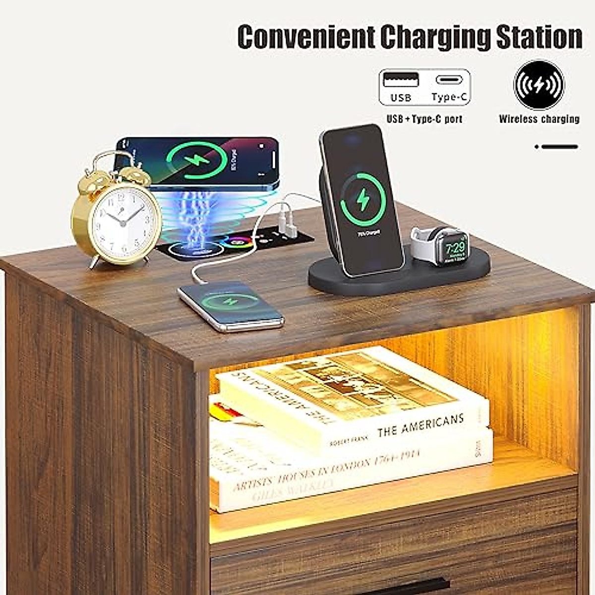 FREDEES Night Stand with Charging Station (Wireless/USB/Type-C) and LED Lights, Smart Side Table, Nightstand Wood with Drawers, Bedside Table for Bedroom Living Room (Brown)
