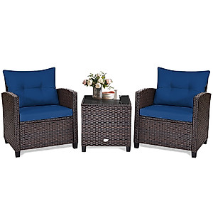 KOTEK 3 Piece Patio Furniture Set, Outdoor Conversation Set with Washable Cushions & Tempered Glass Tabletop, PE Rattan Wicker Bistro Set for Porch, Garden, Balcony (Navy Blue)