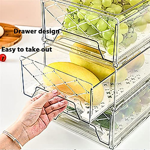 GuoTcusy Fridge Organizer Bins, Pantry Organization and Storage, Plastic Stackable Drawer Container with Removable Drain Tray for Kitchen, Refrigerator and Cabinets (2 PACK, 12.6"L x 8.1"W x 4.3"H)